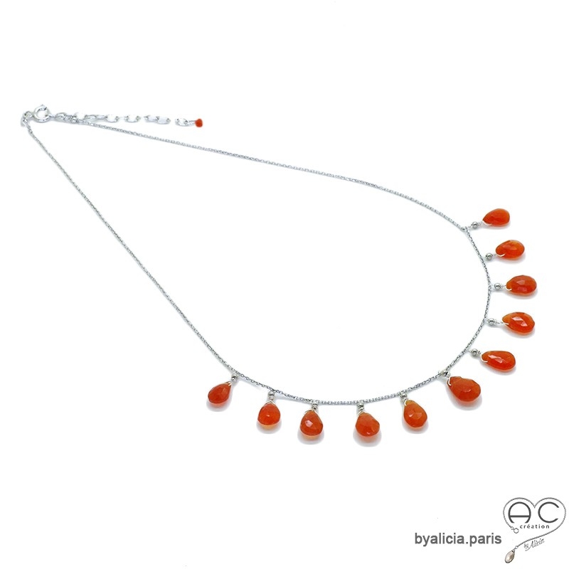 collier cornaline pampille pierre naturelle orange argent fait main ...