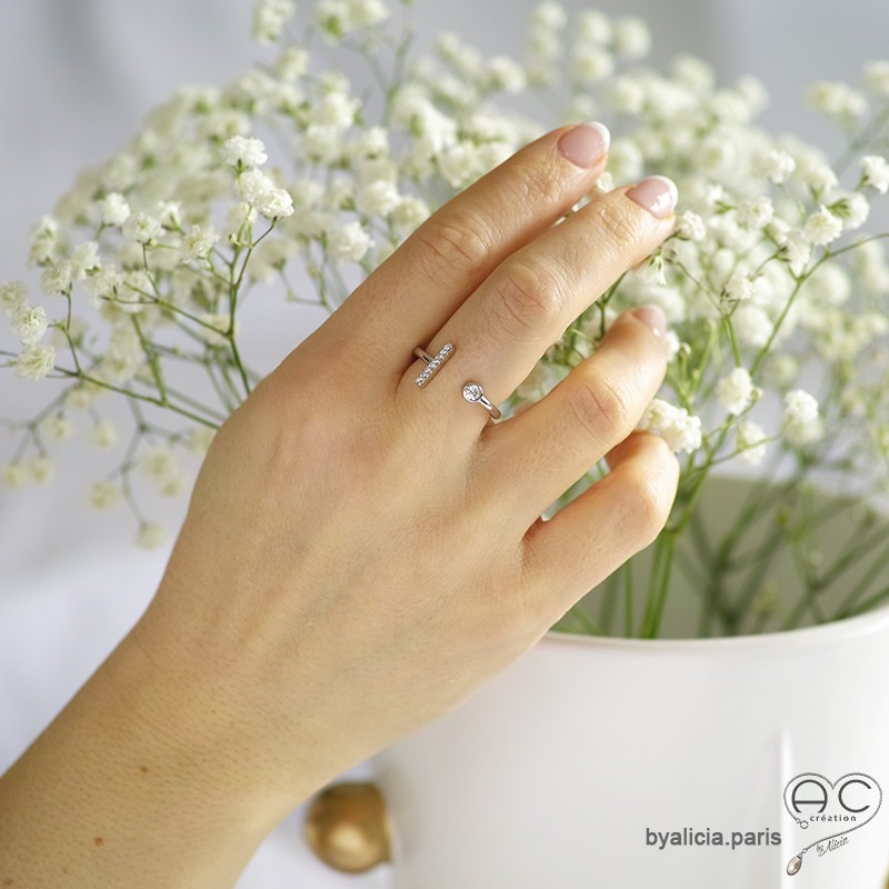 anneau ouvert barrette solitaire zirconium brillant argent massif ...