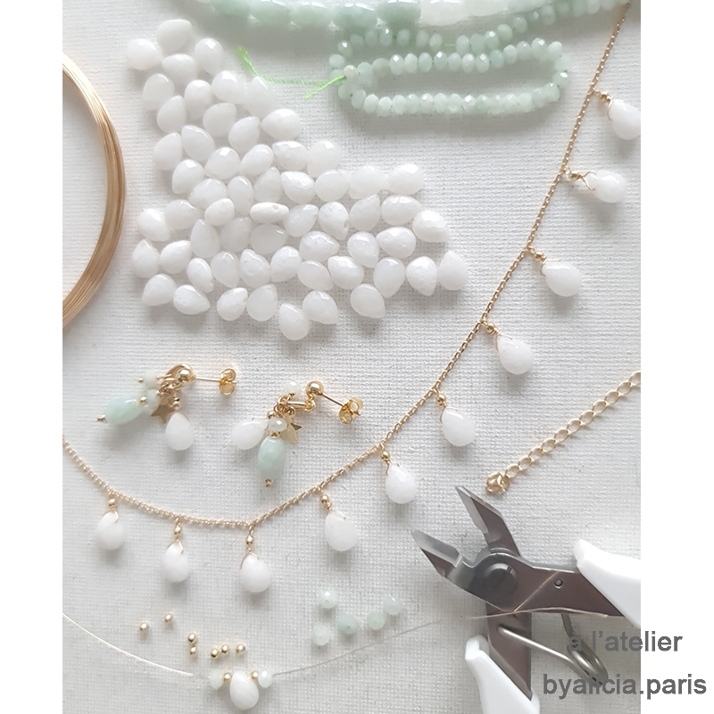 collier jade blanc pampille pierre naturelle chaîne vermeil fait main ...